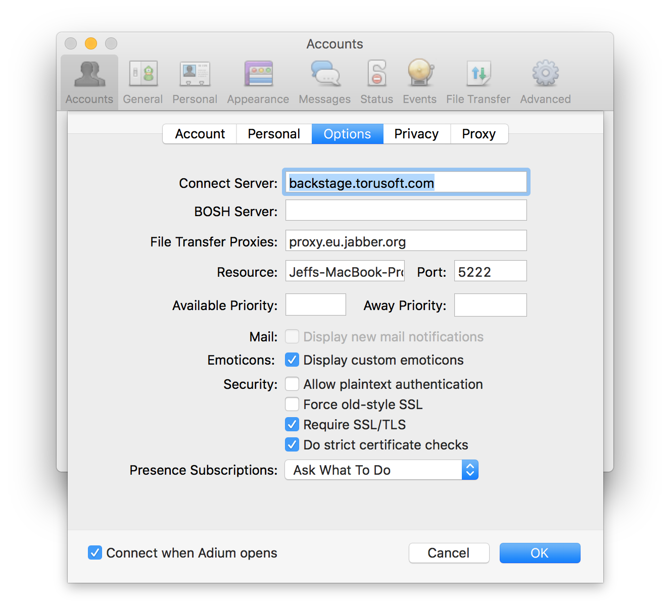Setting up Backstage Chat with Adium – Torusoft